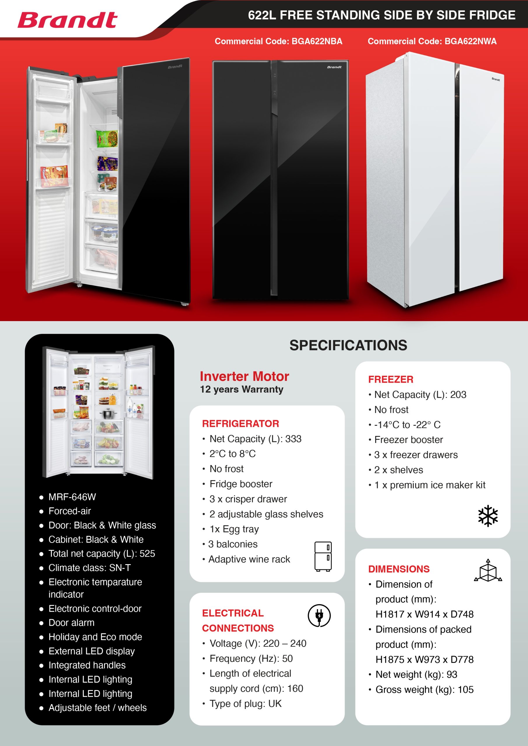 Brandt 622L SBS Fridge White Glass BGA622NWA – HoeHuat